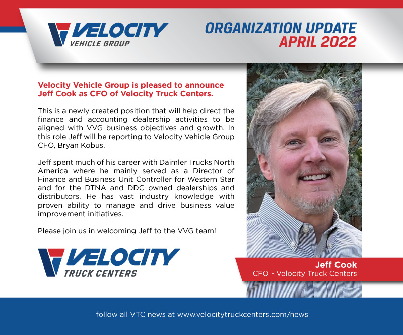 Jeff Cook as CFO of Velocity Truck Centers